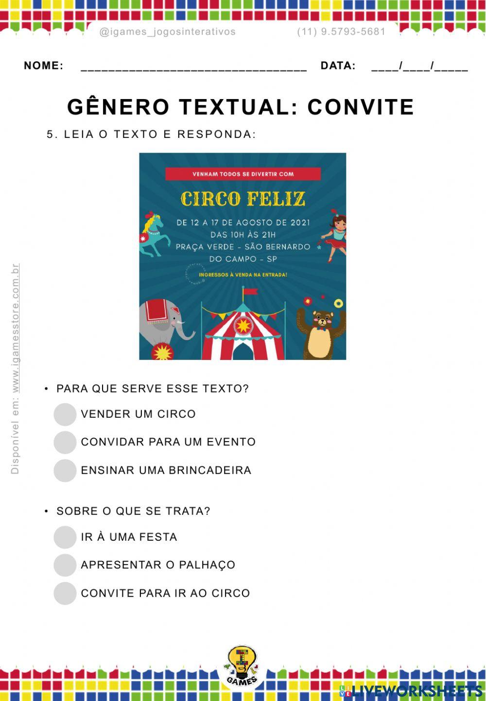 Gênero Textual - Convite - Parte 3 worksheet | Live Worksheets