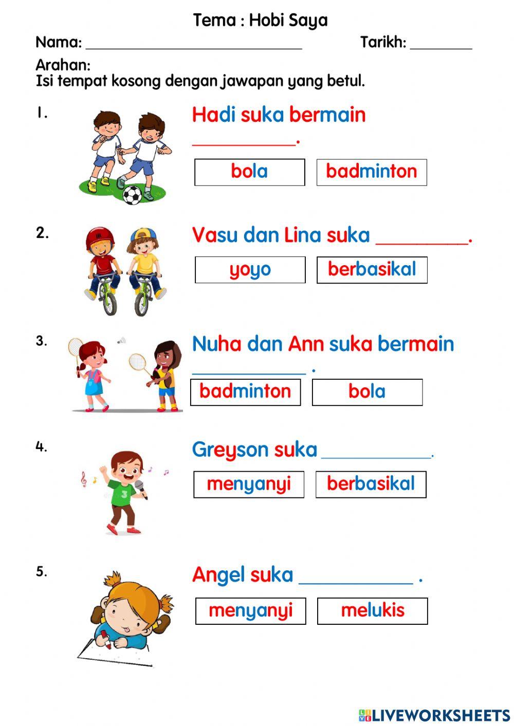 Tema: Hobi Saya worksheet | Live Worksheets