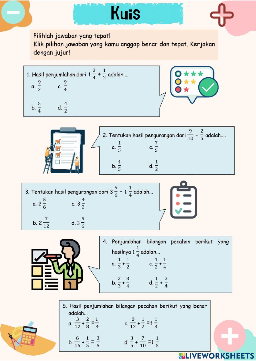 Operasi Hitung Bilangan Pecahan interactive worksheet | Live Worksheets