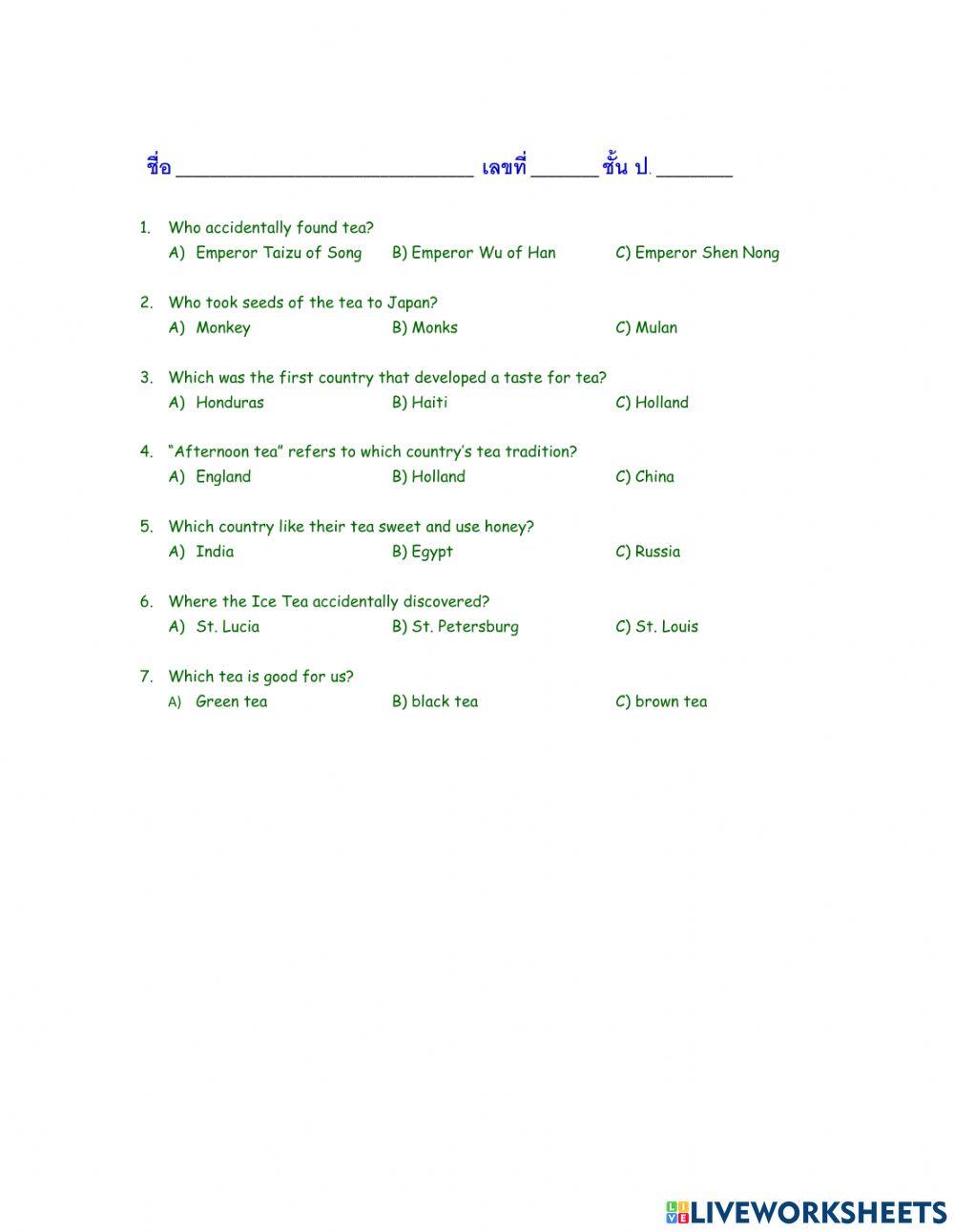 The story of Tea worksheet | Live Worksheets