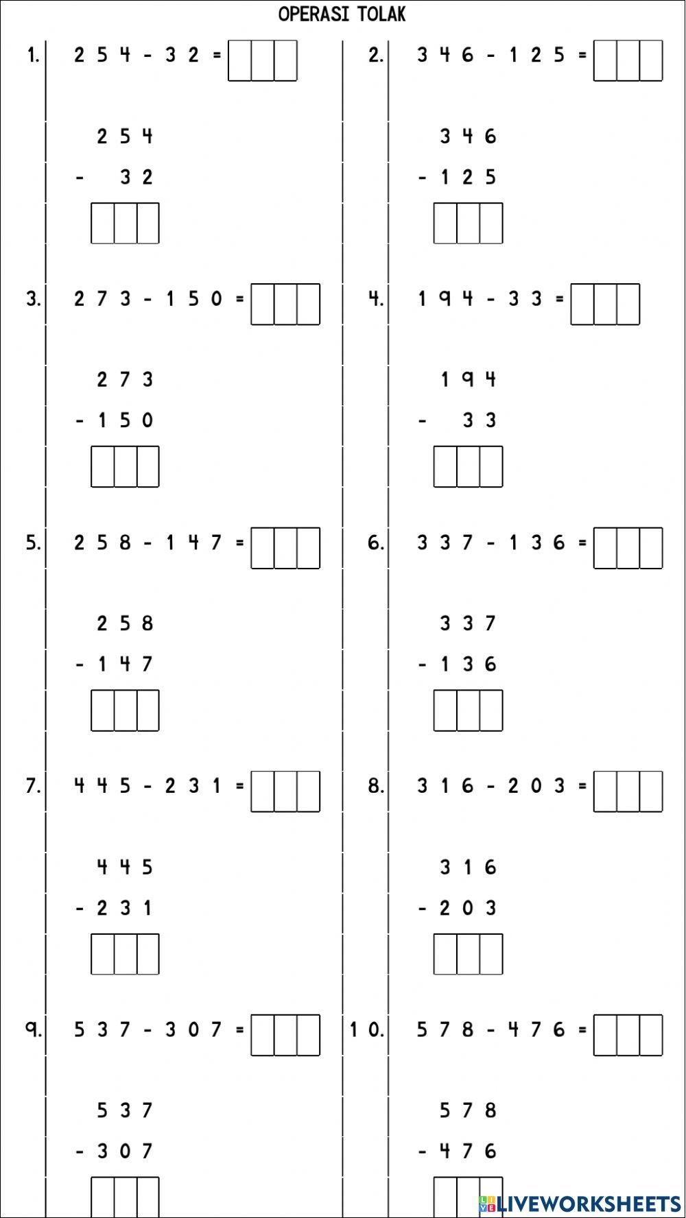 Operasi Tolak online worksheet for Pemulihan Khas | Live Worksheets