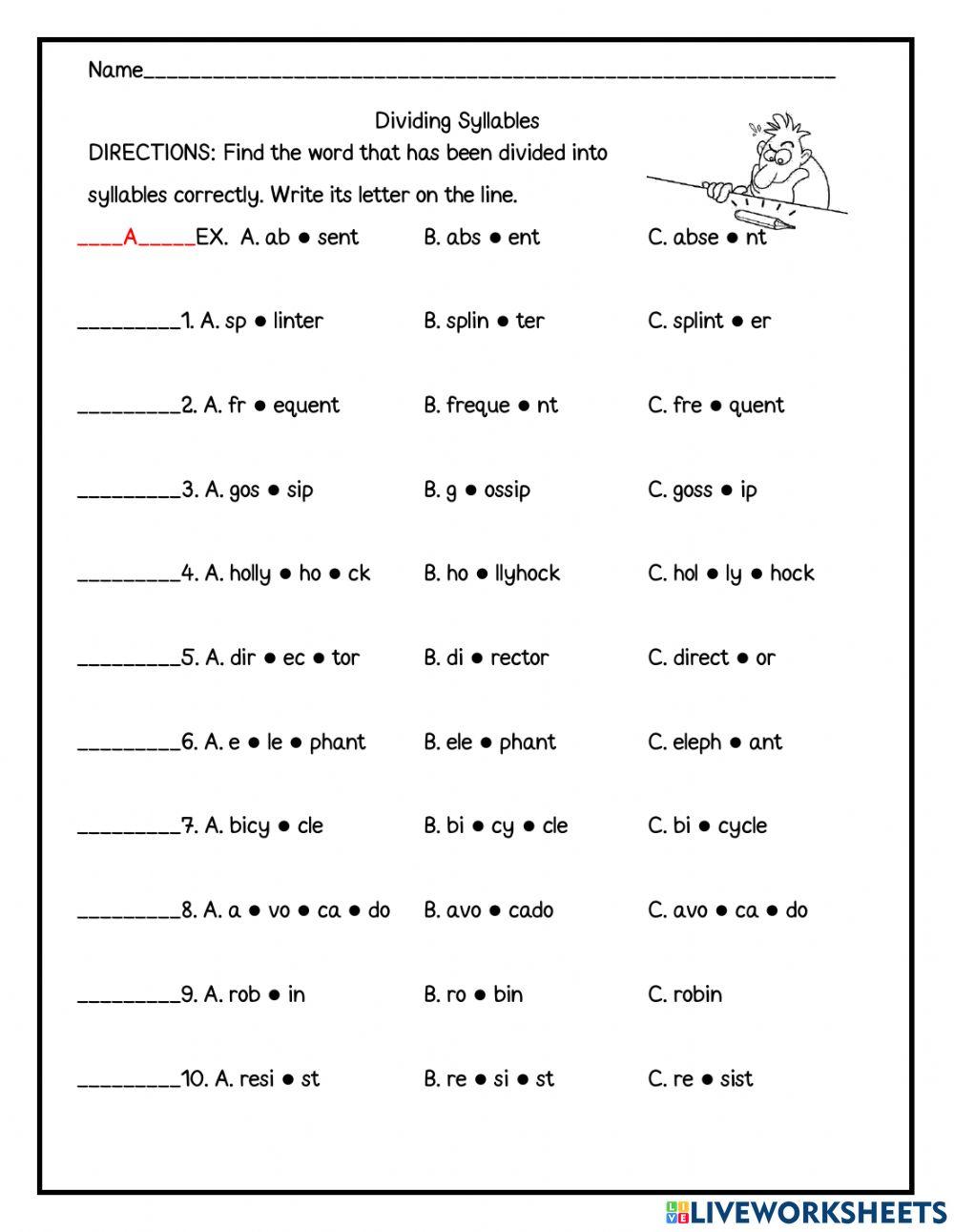3196534 | Dividing Syllables. | Aphinya | LiveWorksheets