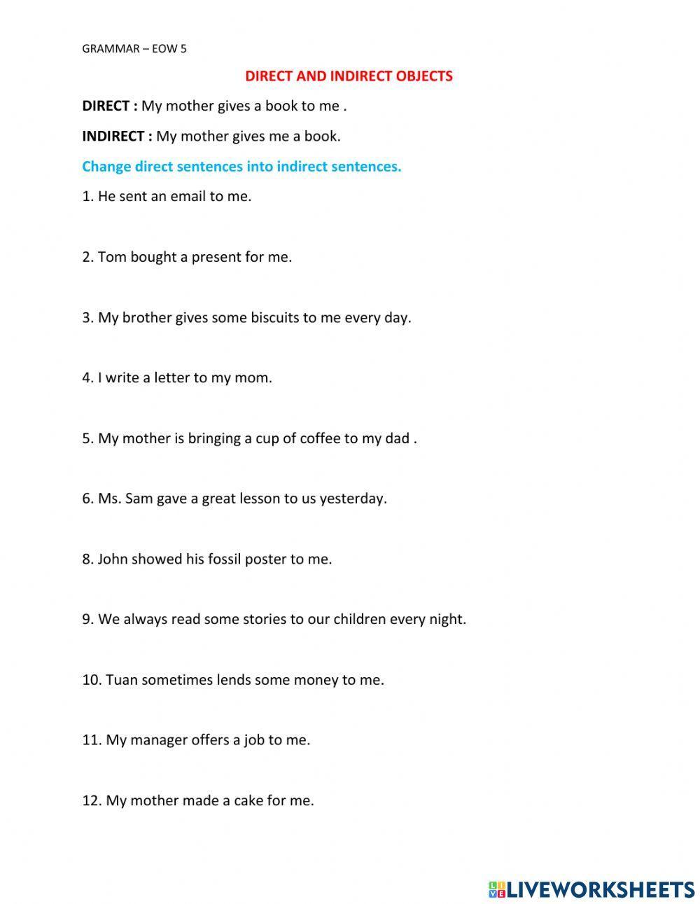 Direct and indi… | Free Interactive Worksheets | 1179051