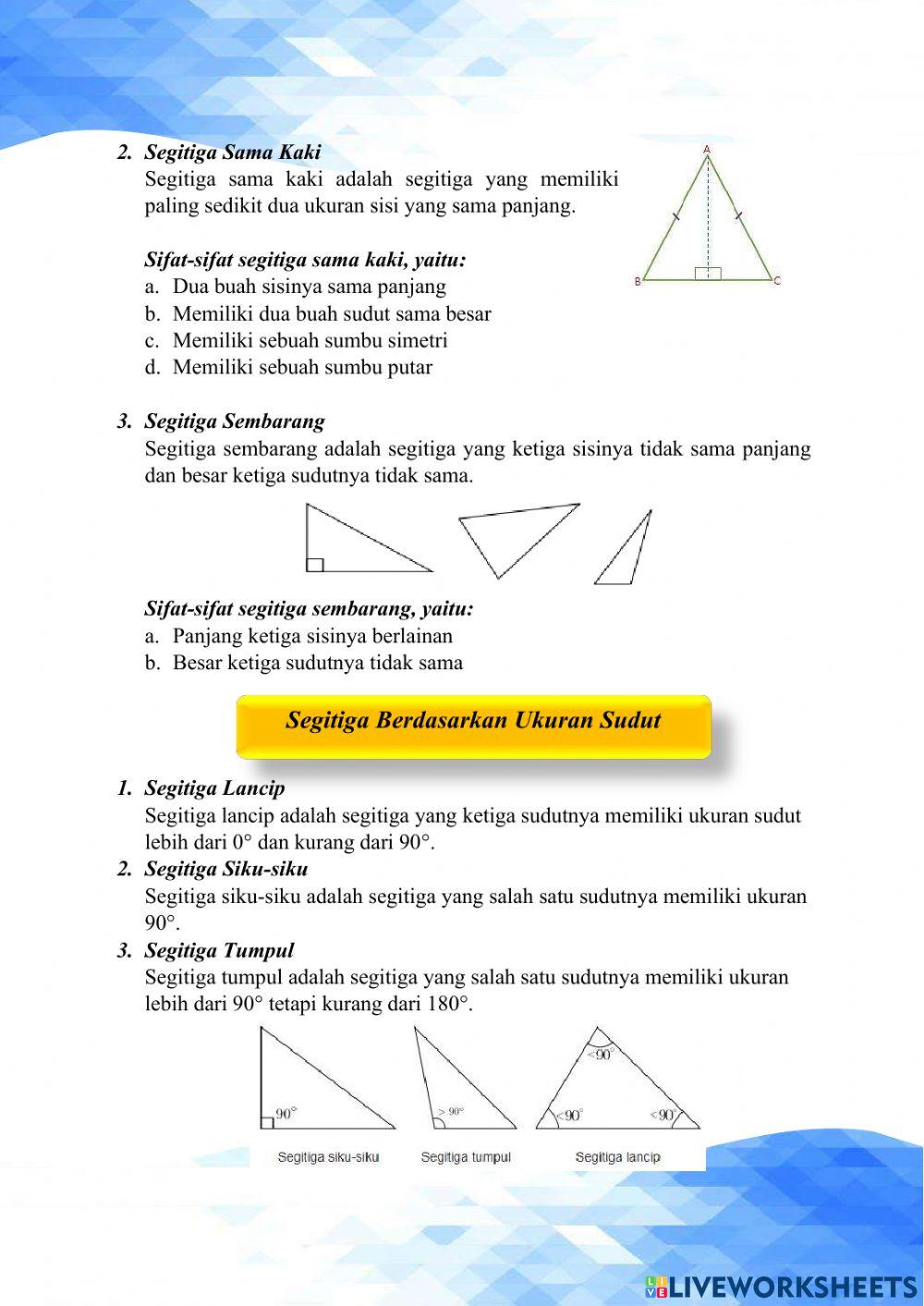 Segiempat dan segitiga exercise for Grade 7 | Live Worksheets
