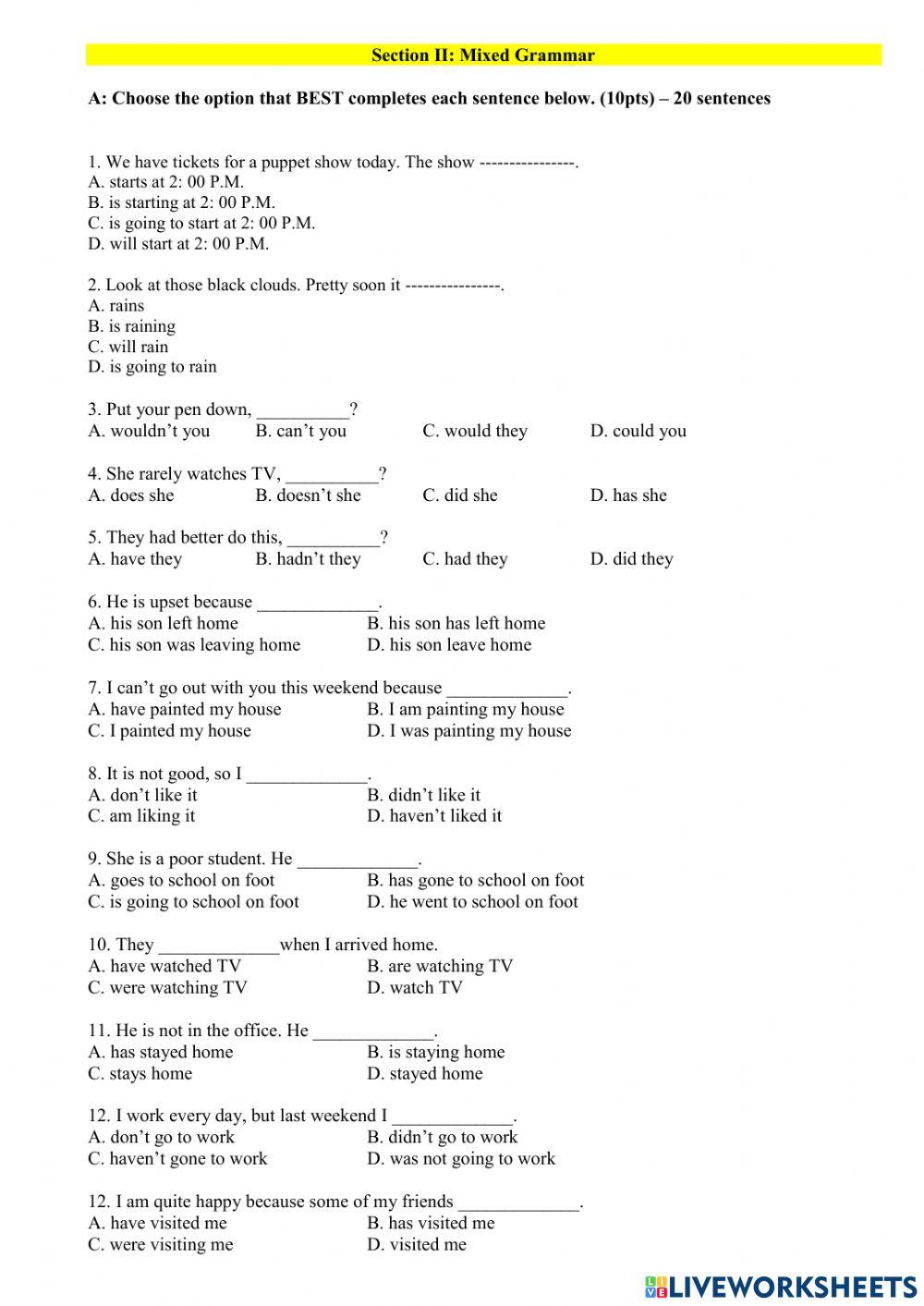 Grammar Exam online exercise for 5 | Live Worksheets