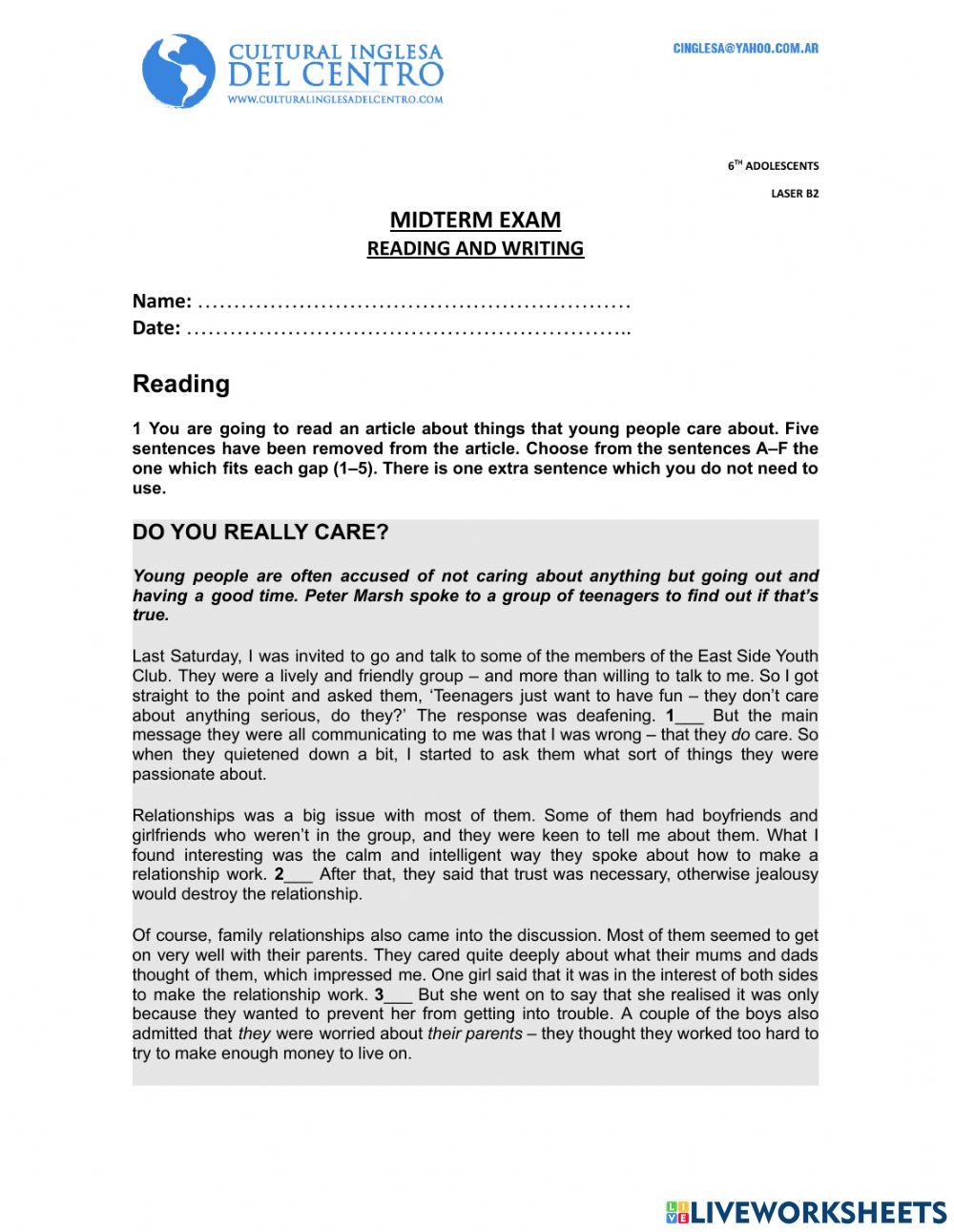 MIDTERM - Reading and Writing Test (6th Adolescent) interactive ...