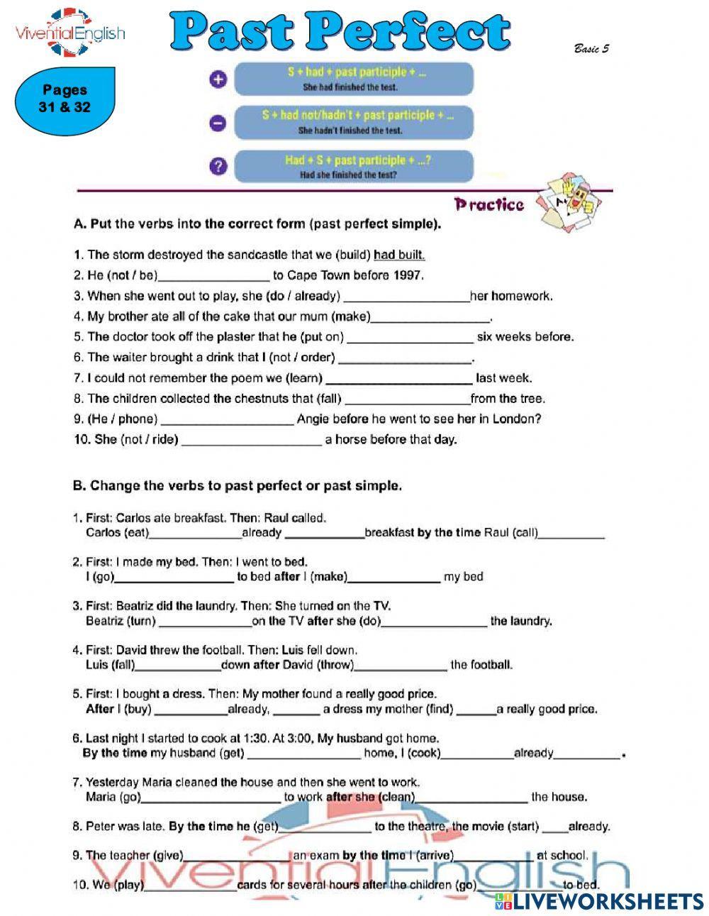 B5- past perfect worksheet | Live Worksheets
