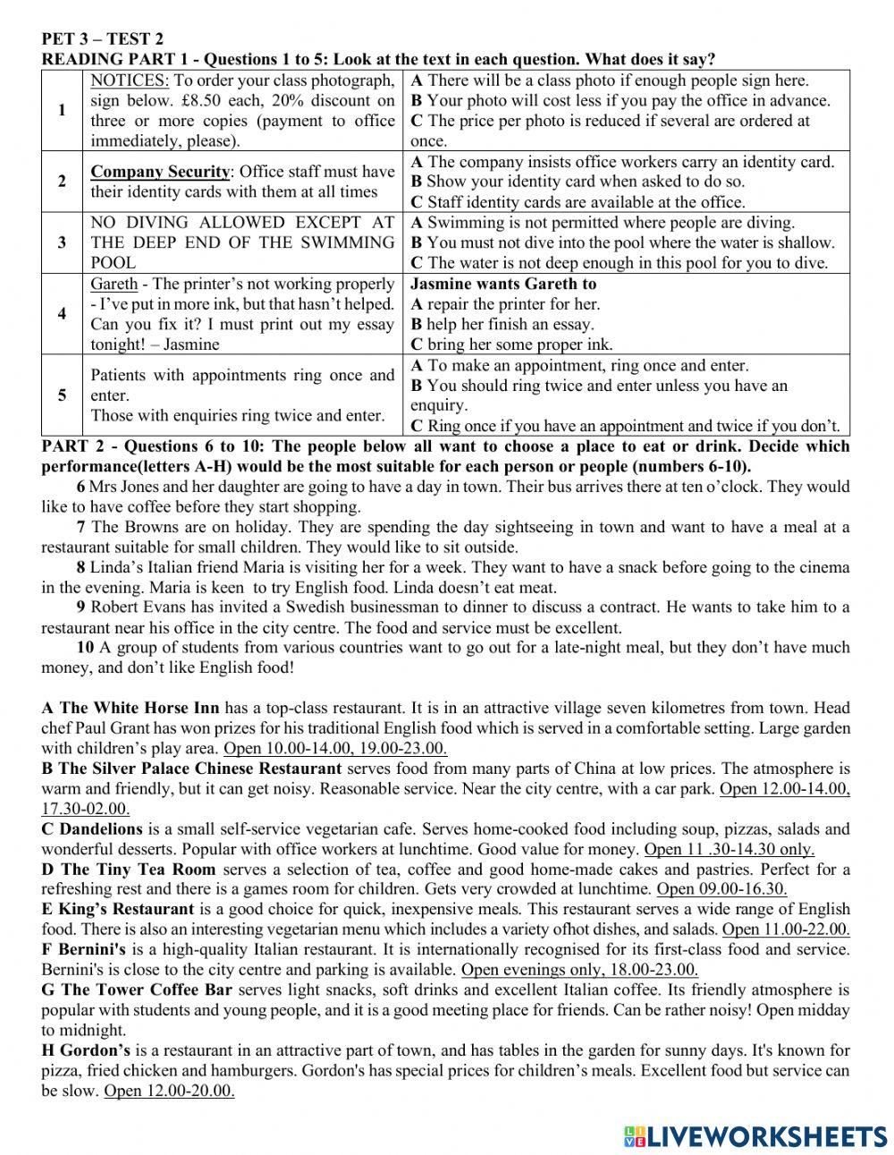 PET 3 - Test 2 worksheet | Live Worksheets
