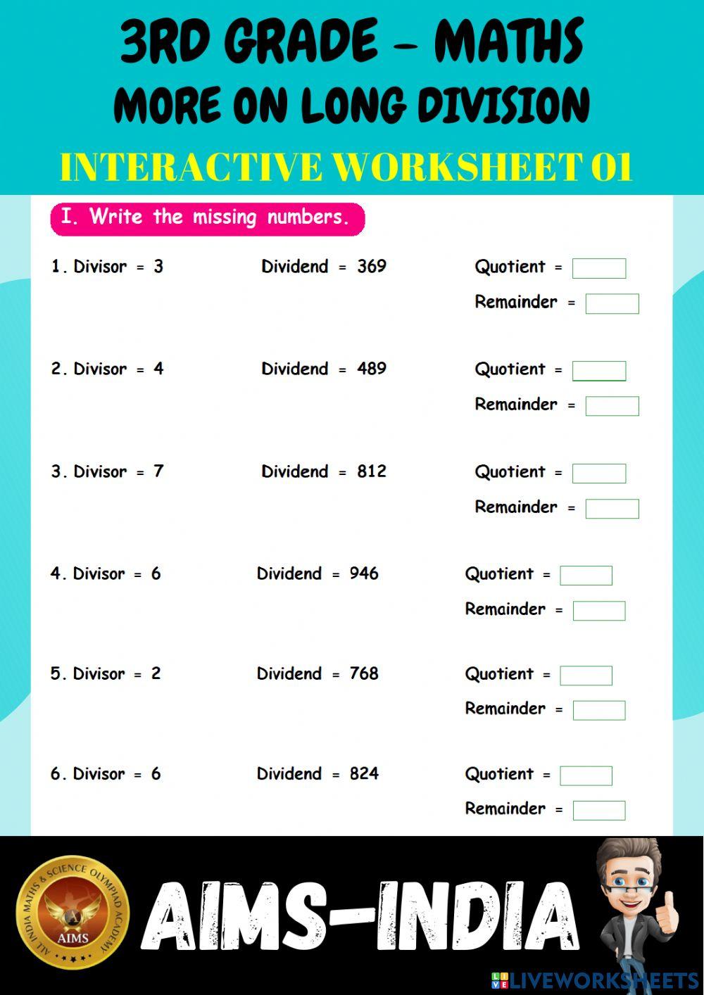 3rd-maths-ps01- more on long division - ch 01 worksheet | Live Worksheets