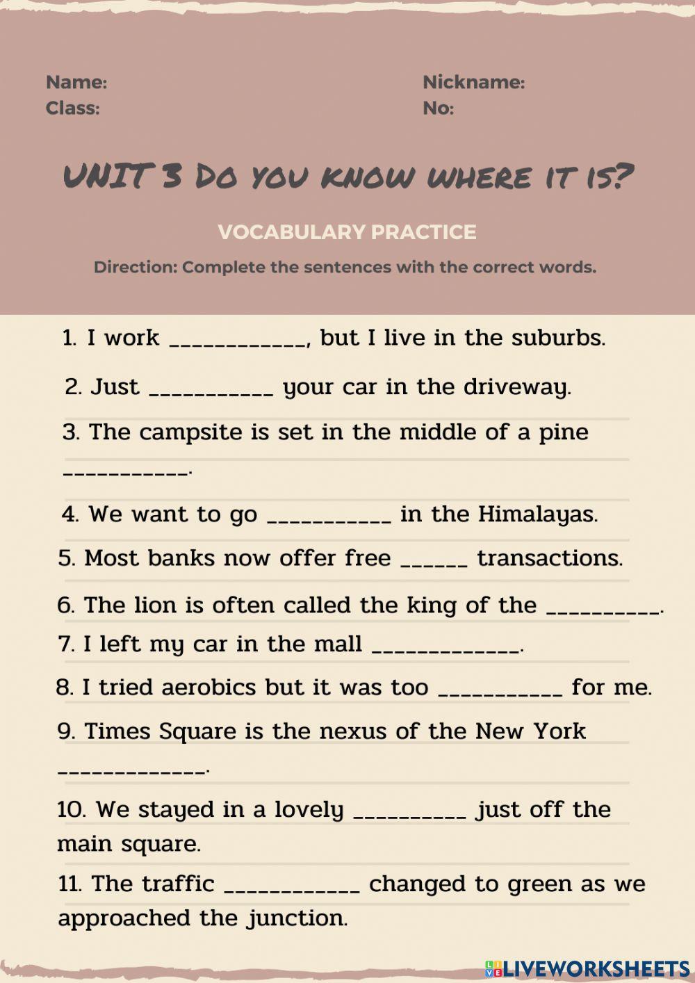 Vocabulary Practice online pdf worksheet | Live Worksheets