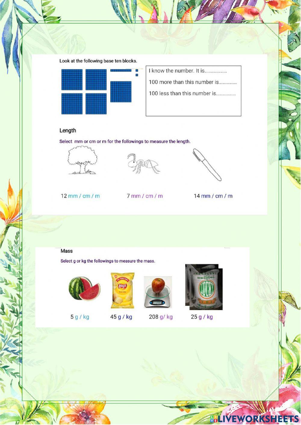 Number sense, length, mass, money worksheet | Live Worksheets