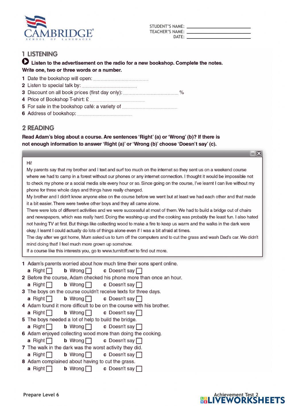 Achievement Tes… | Free Interactive Worksheets | 1182931