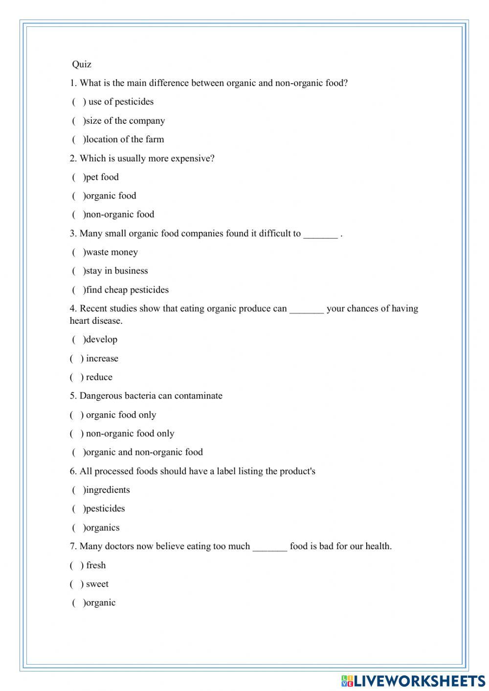 Organic food and quiz online exercise for | Live Worksheets