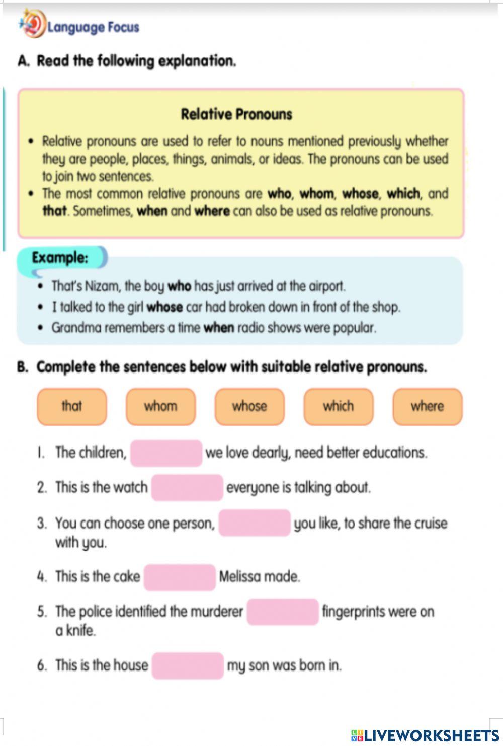 Relative Pronouns Online Pdf Worksheet Live Worksheets