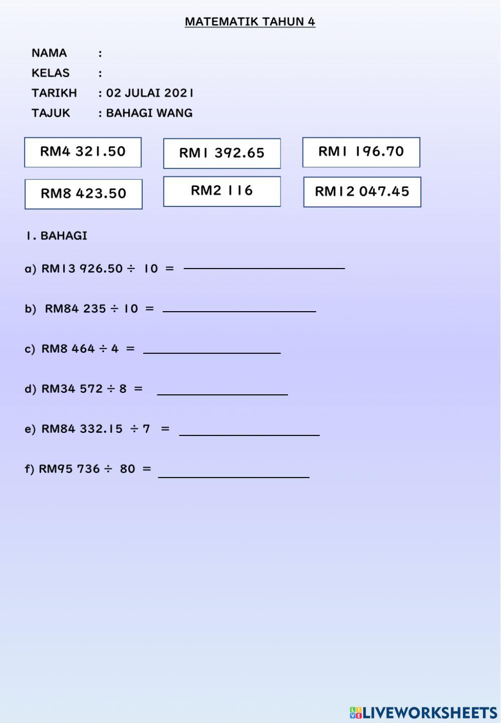 Mt4 : BAHAGI WANG worksheet | Live Worksheets