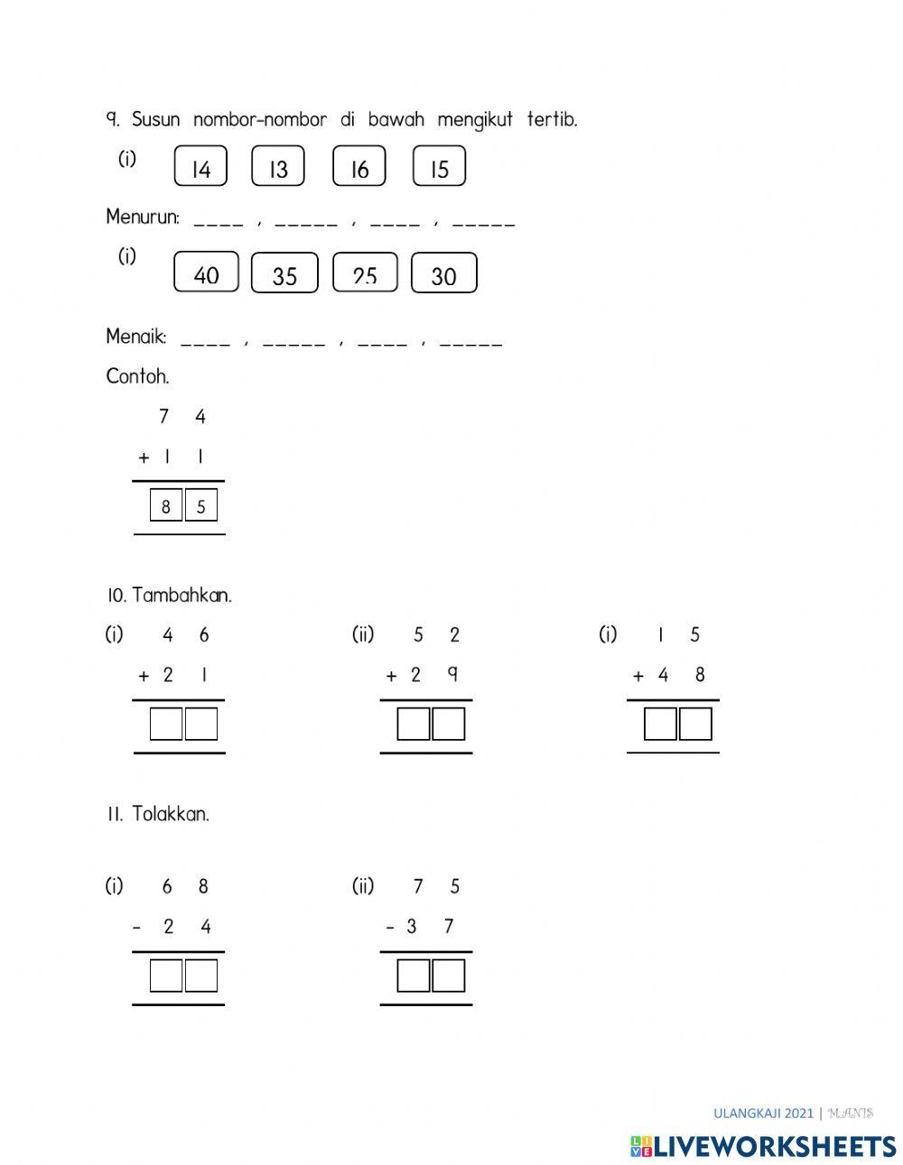 Ulangkaji matematik tahun 1 2021 online exercise for | Live Worksheets
