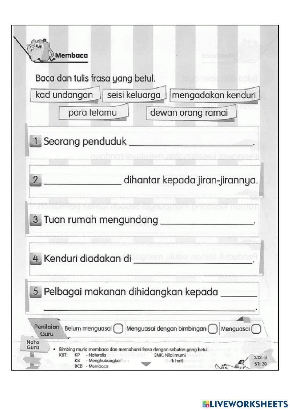 Baca dan tulis frasa yang betul worksheet | Live Worksheets