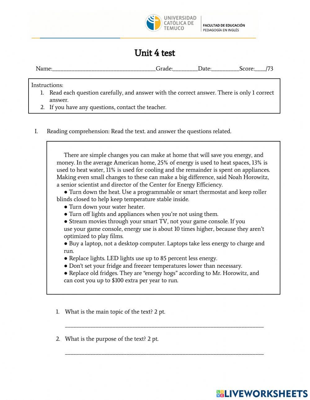Unit 4 Test interactive worksheet for Segundo Medio | Live Worksheets