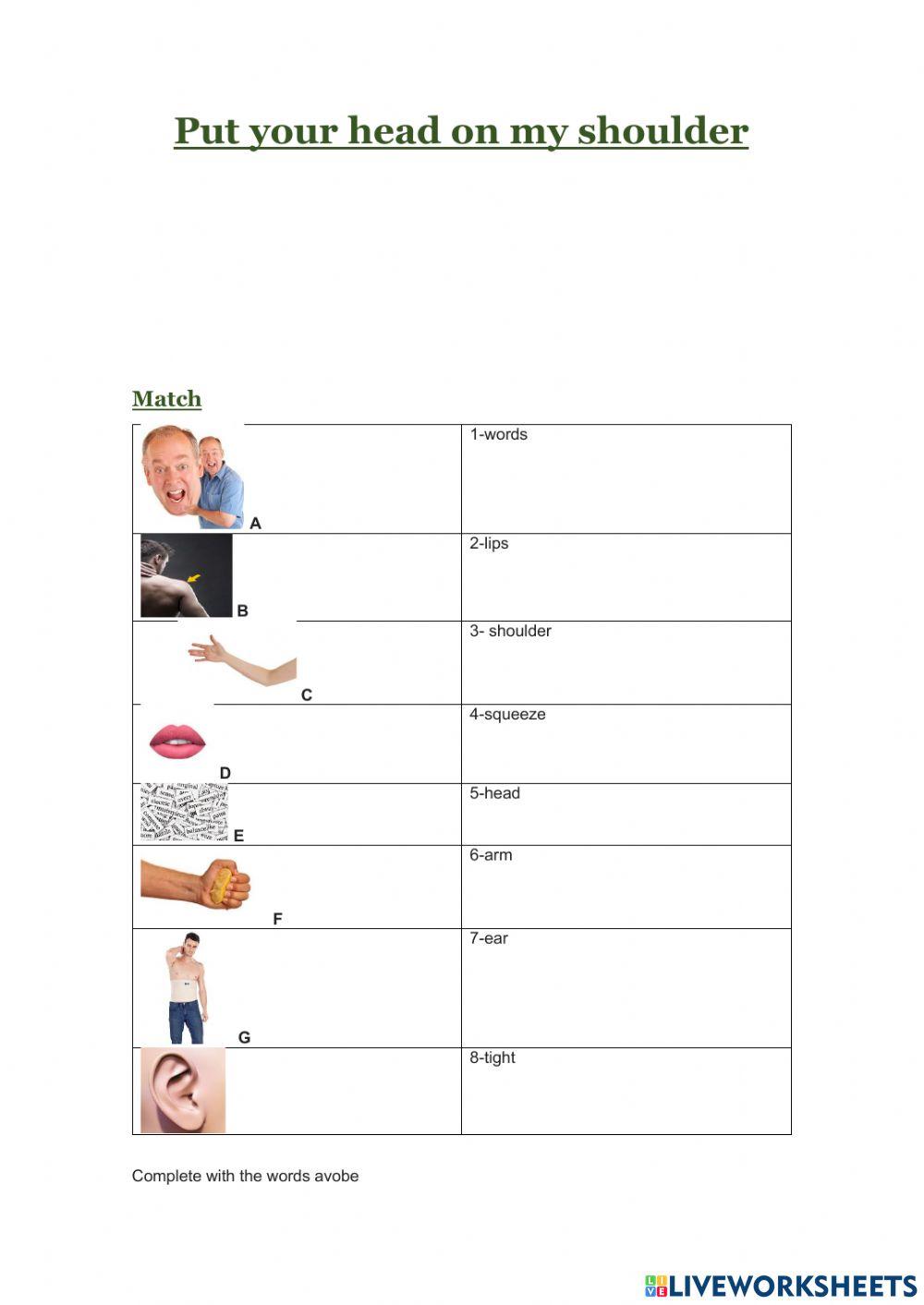 Put your head on my shoulder worksheet | Live Worksheets