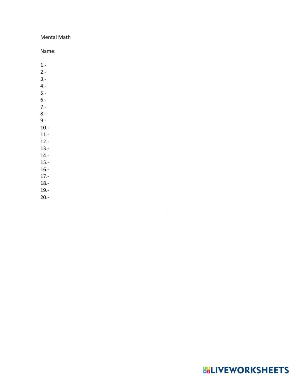 Mental Math online pdf activity for 4th | Live Worksheets