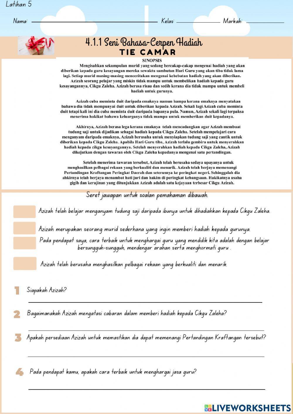 Cerpen Hadiah | Free Interactive Worksheets | 1183846