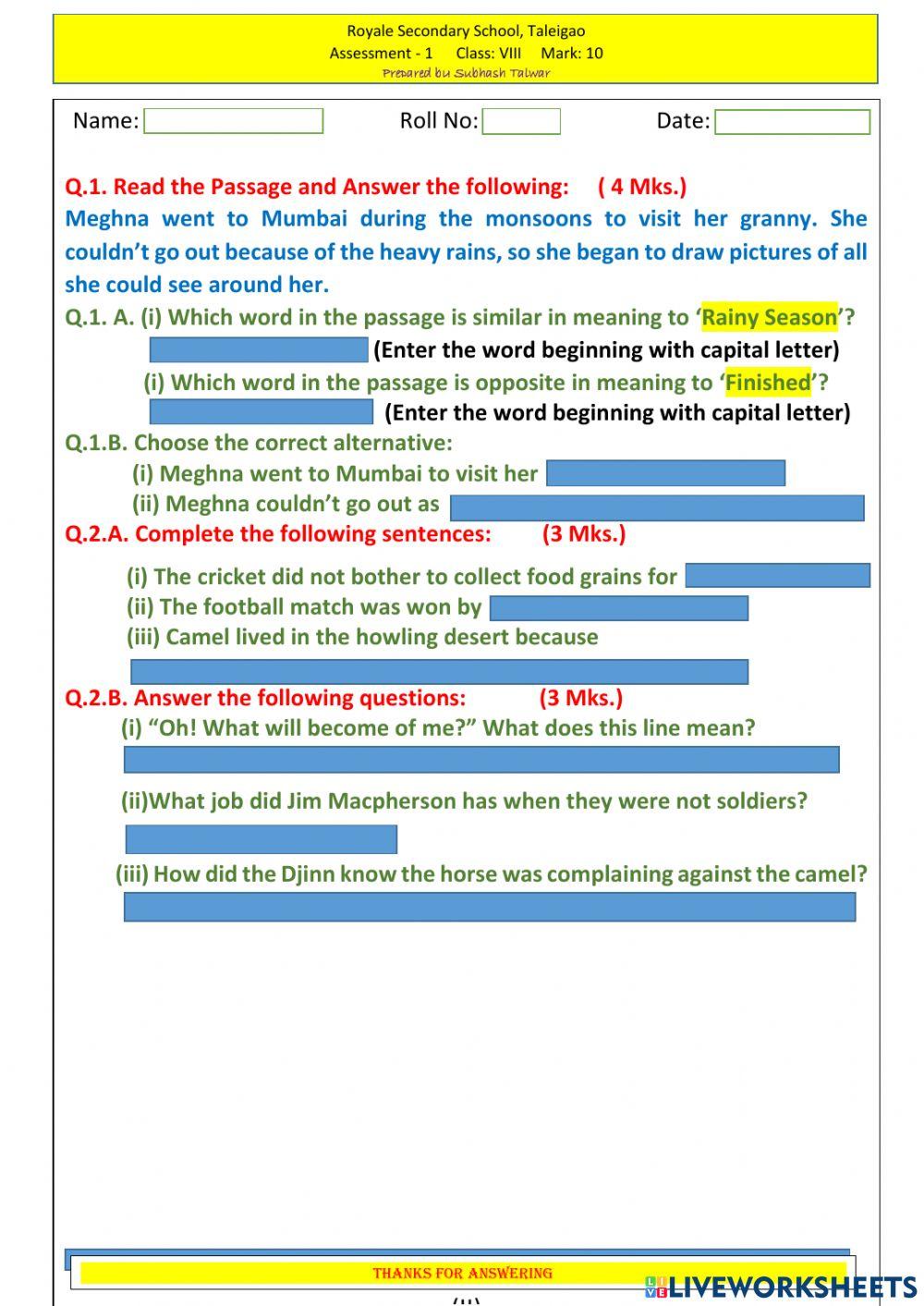 Assessment 1 Class VIII 1-3 worksheet | Live Worksheets