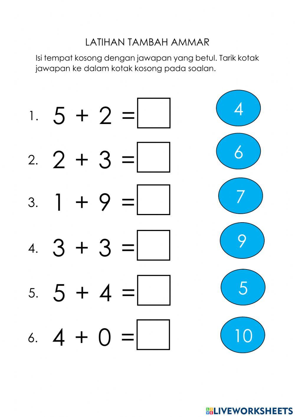 Tambah interactive activity for Pra Sekolah | Live Worksheets