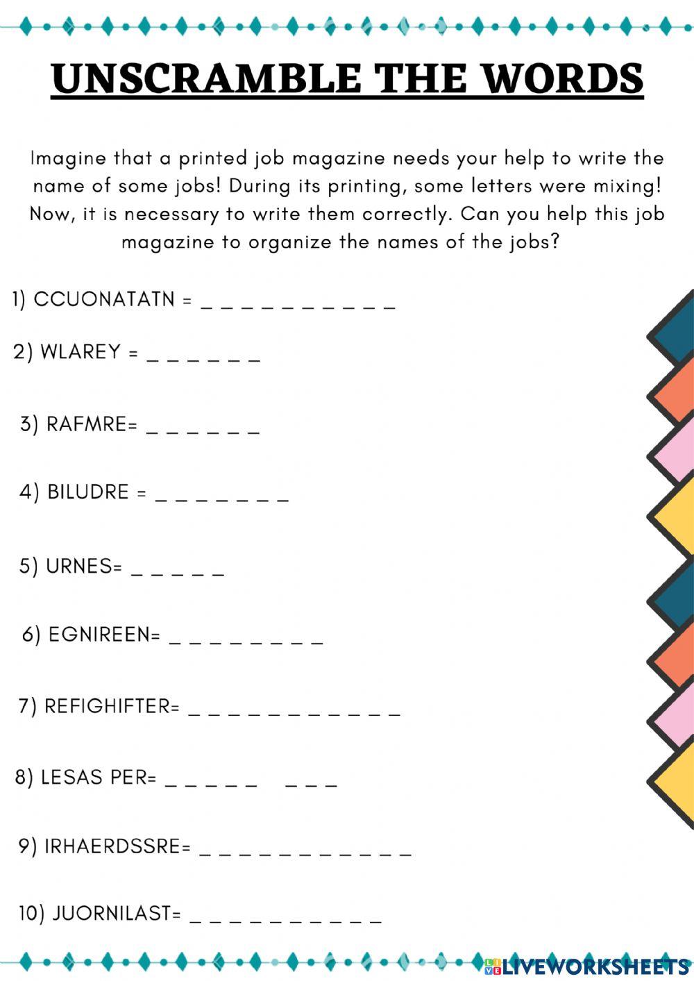 Unscramble the words - Jobs 1184343 | Perez_internships