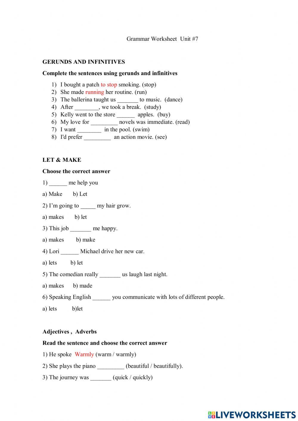 Grammar worksheet unit-7 worksheet | Live Worksheets