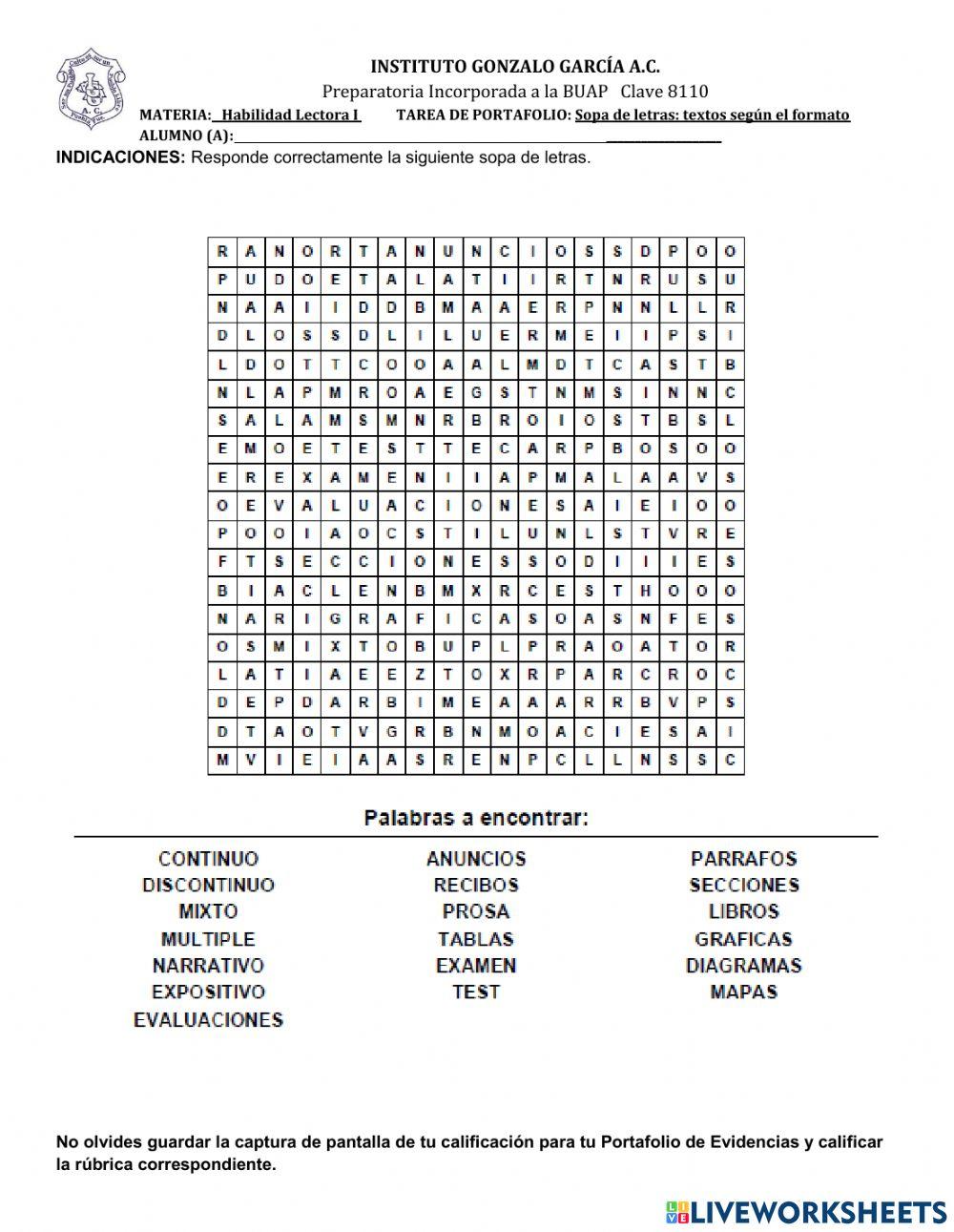 Sopa De Letras Sobre Tipos De Textos - Image to u
