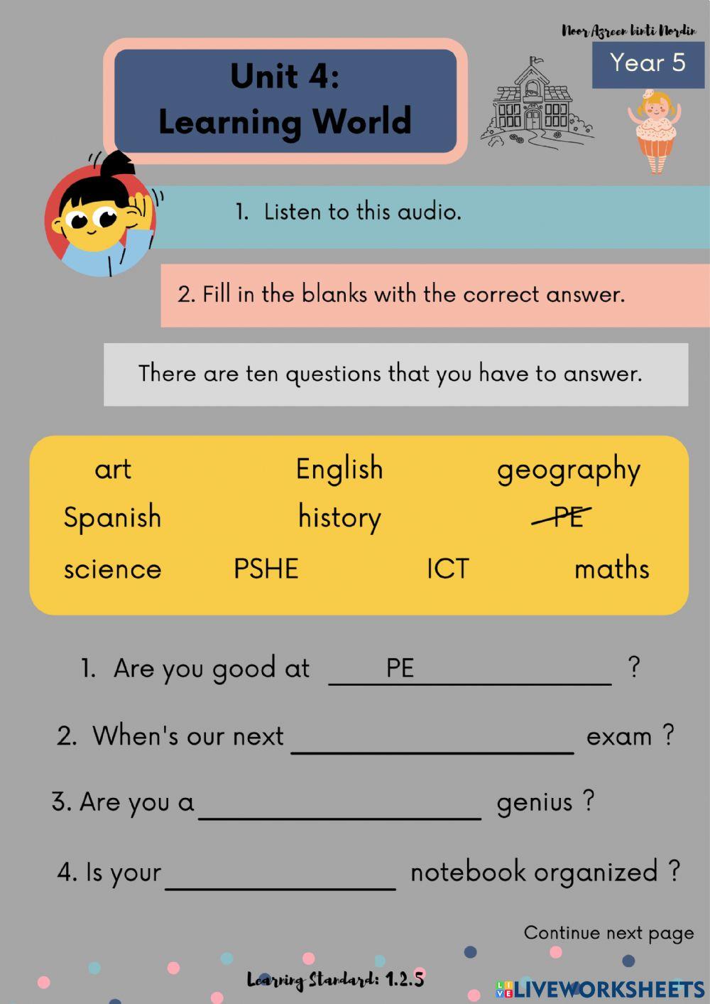 Year 5: learnin… | Free Interactive Worksheets | 1185133