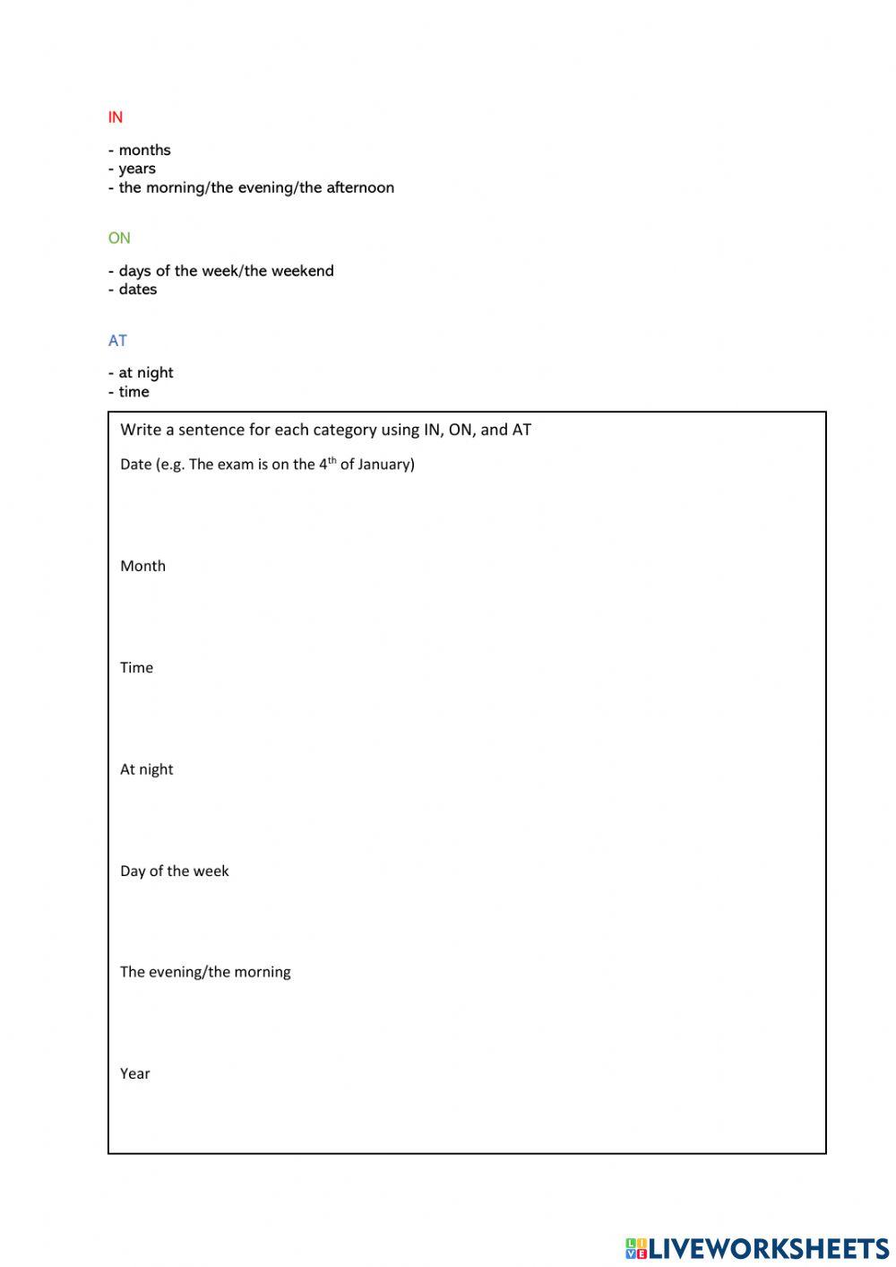 Time prepositions online activity for Elementary | Live Worksheets