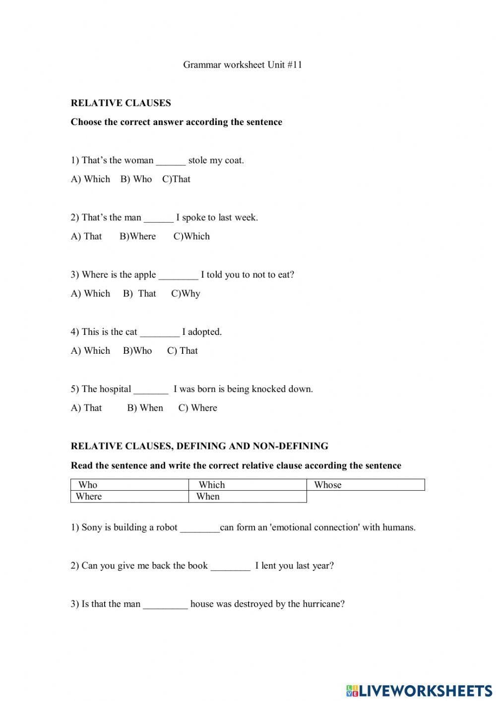 Grammar worksheet unit-11 worksheet | Live Worksheets