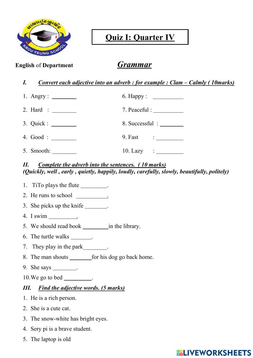 Grammar online exercise for 3 | Live Worksheets