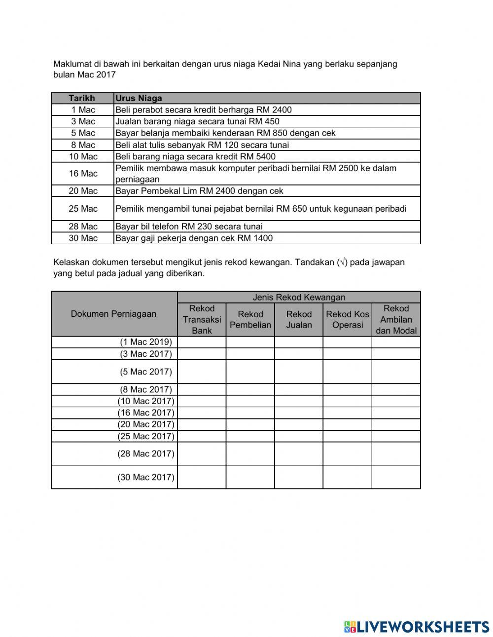 Rekod Kewangan worksheet | Live Worksheets