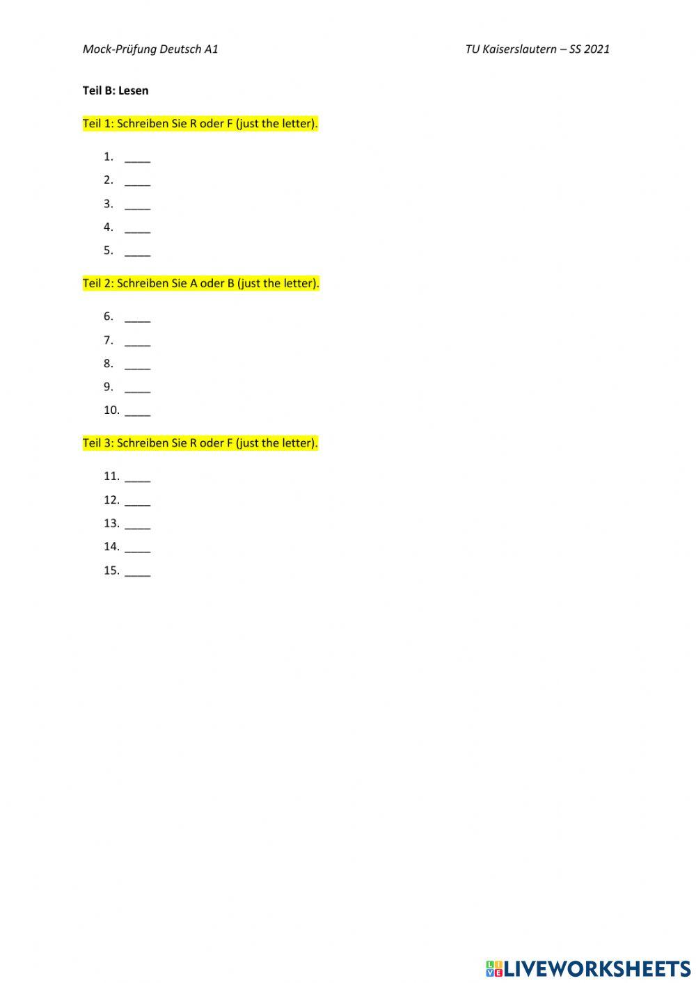 Answers Mock Test A1 1186578 | LauHen | Live Worksheets