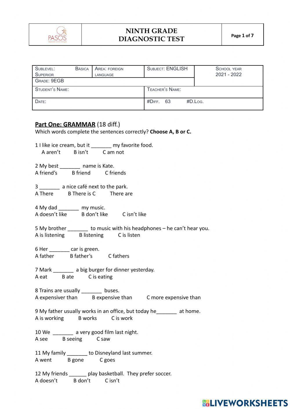 9th Grade Diagn… | Free Interactive Worksheets | 1184910