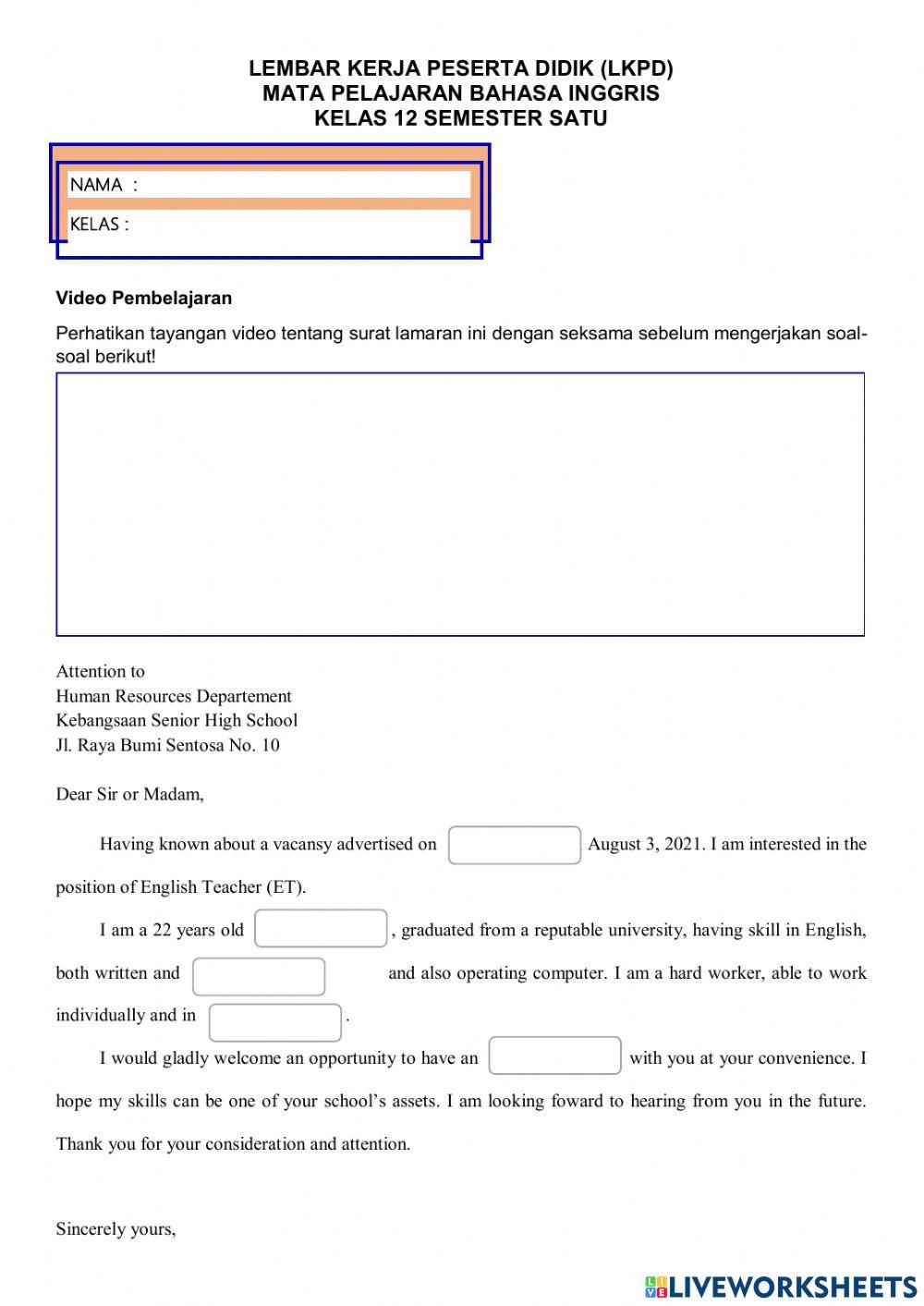 Application letter online activity | Live Worksheets