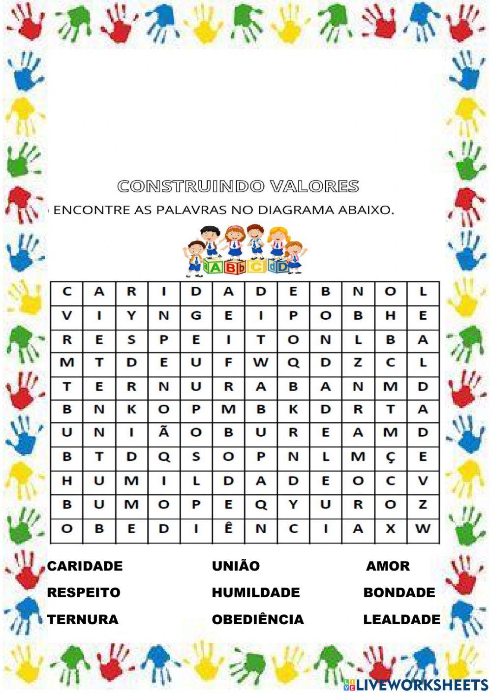 Caça Palavras Sobre Valores Humanos - REVOEDUCA