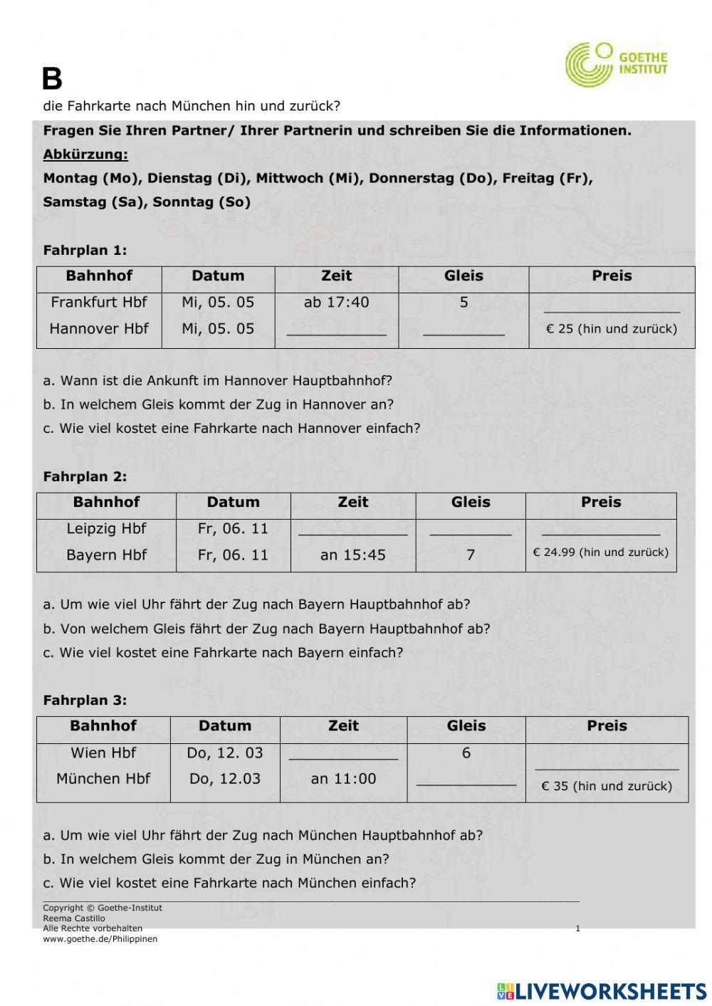 Fahrplan (PARTNER B) worksheet | Live Worksheets