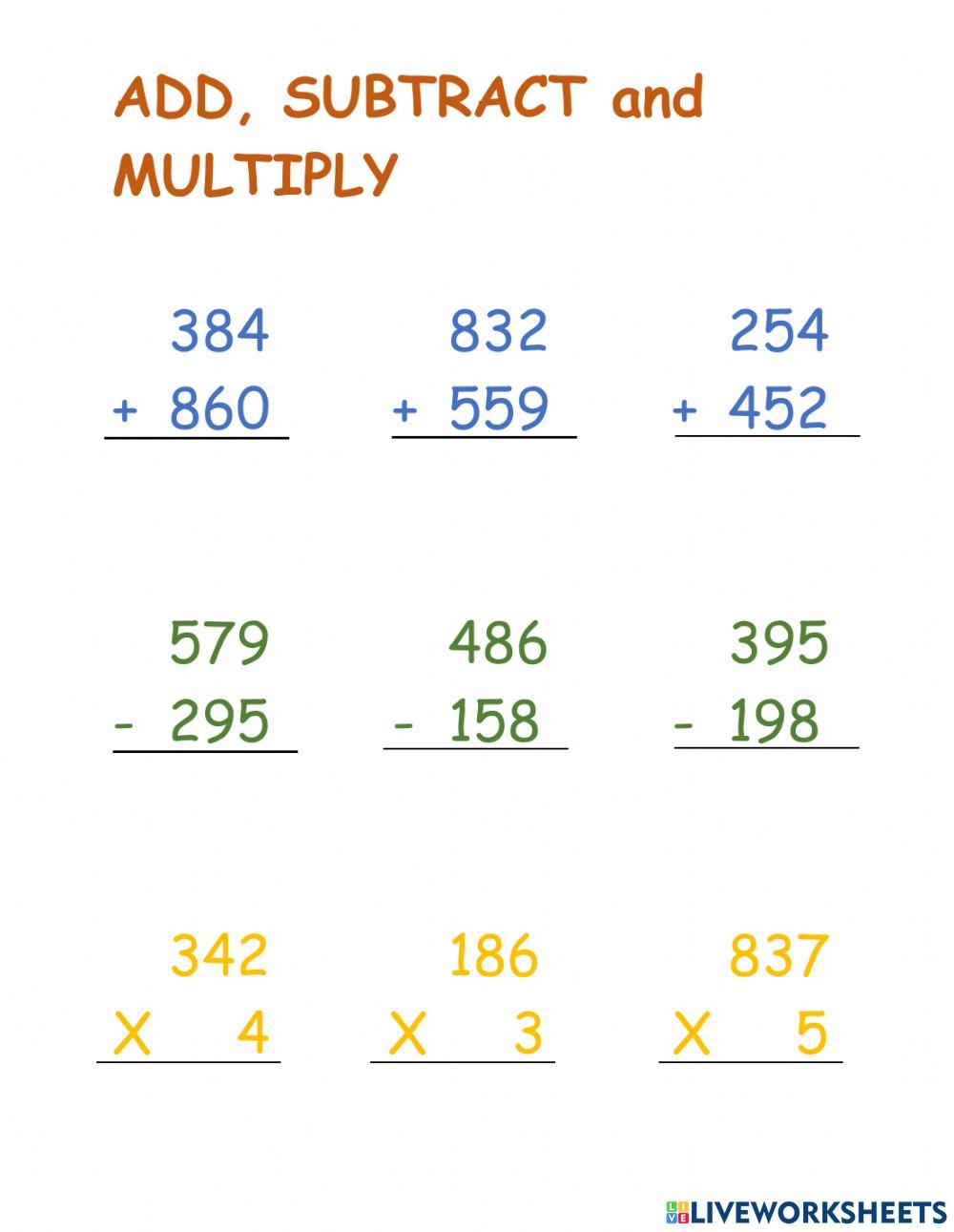 Add Subtract and Multiply worksheet | Live Worksheets
