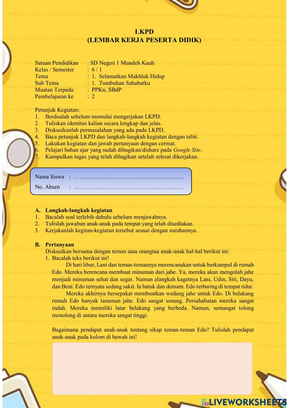 LKPD Tema 1 Subtema 1 PB 2-Kelas 6 worksheet | Live Worksheets