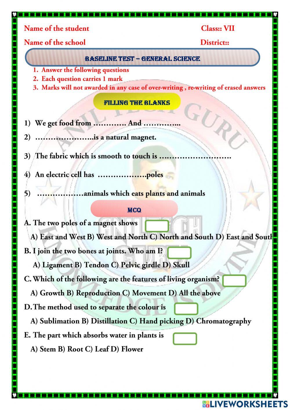 7th-baseline test worksheet | Live Worksheets