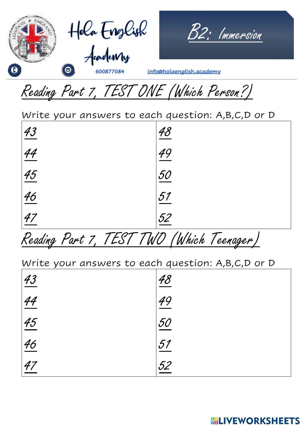 B2 Reading Part… | Free Interactive Worksheets | 1189389