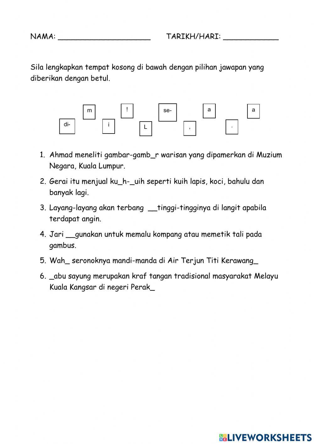 Ejaan, tanda baca dan penggunaan imbuhan worksheet | Live Worksheets