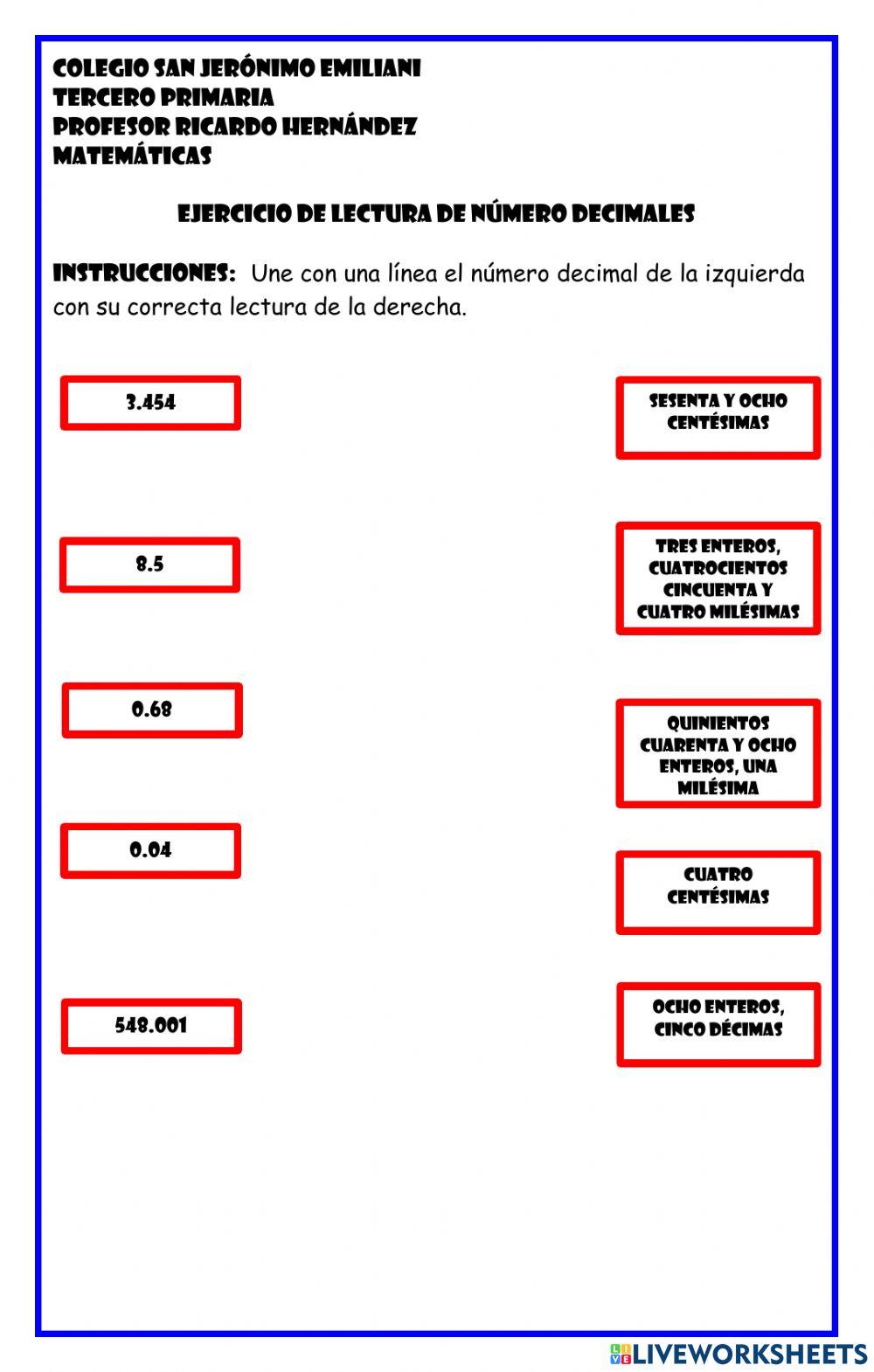 Lectura De Numeros Decimales Worksheet Palabras Claves De Matematicas