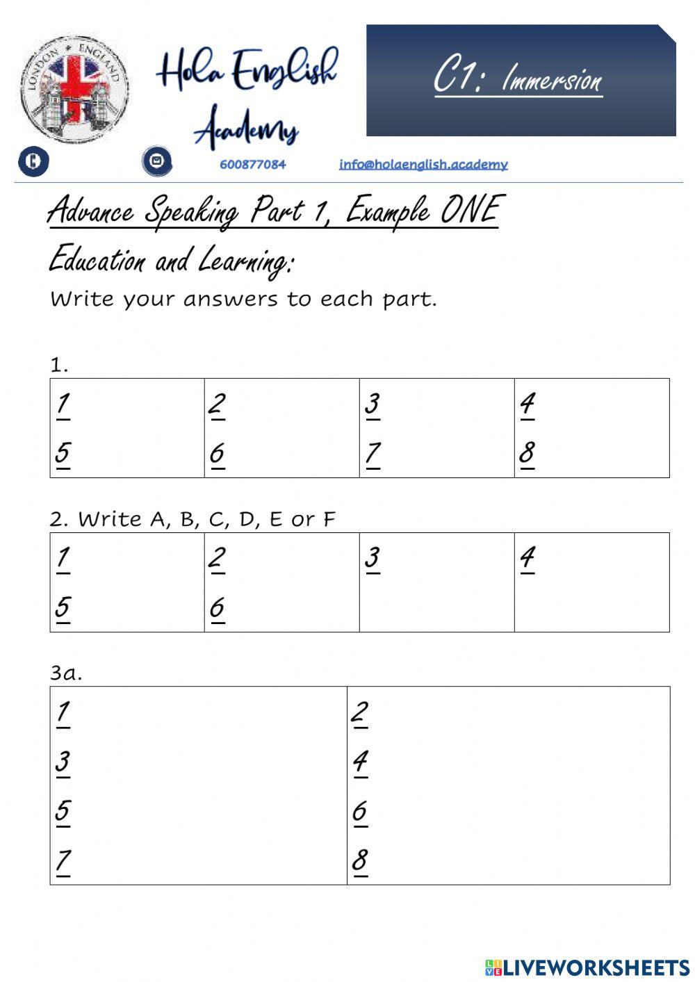 C1 Speaking Part 1 eg1 Education and Learning worksheet | Live Worksheets
