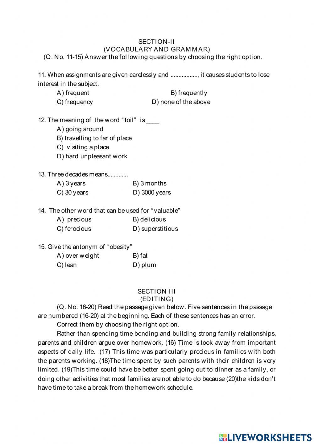 9thclass unit 3-Homework-worksheeet-6 worksheet | Live Worksheets