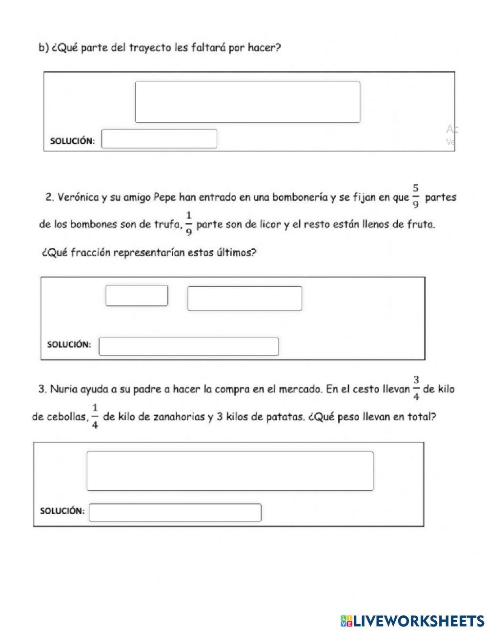 Problemas con fracciones Matemáticas exercise | Live Worksheets