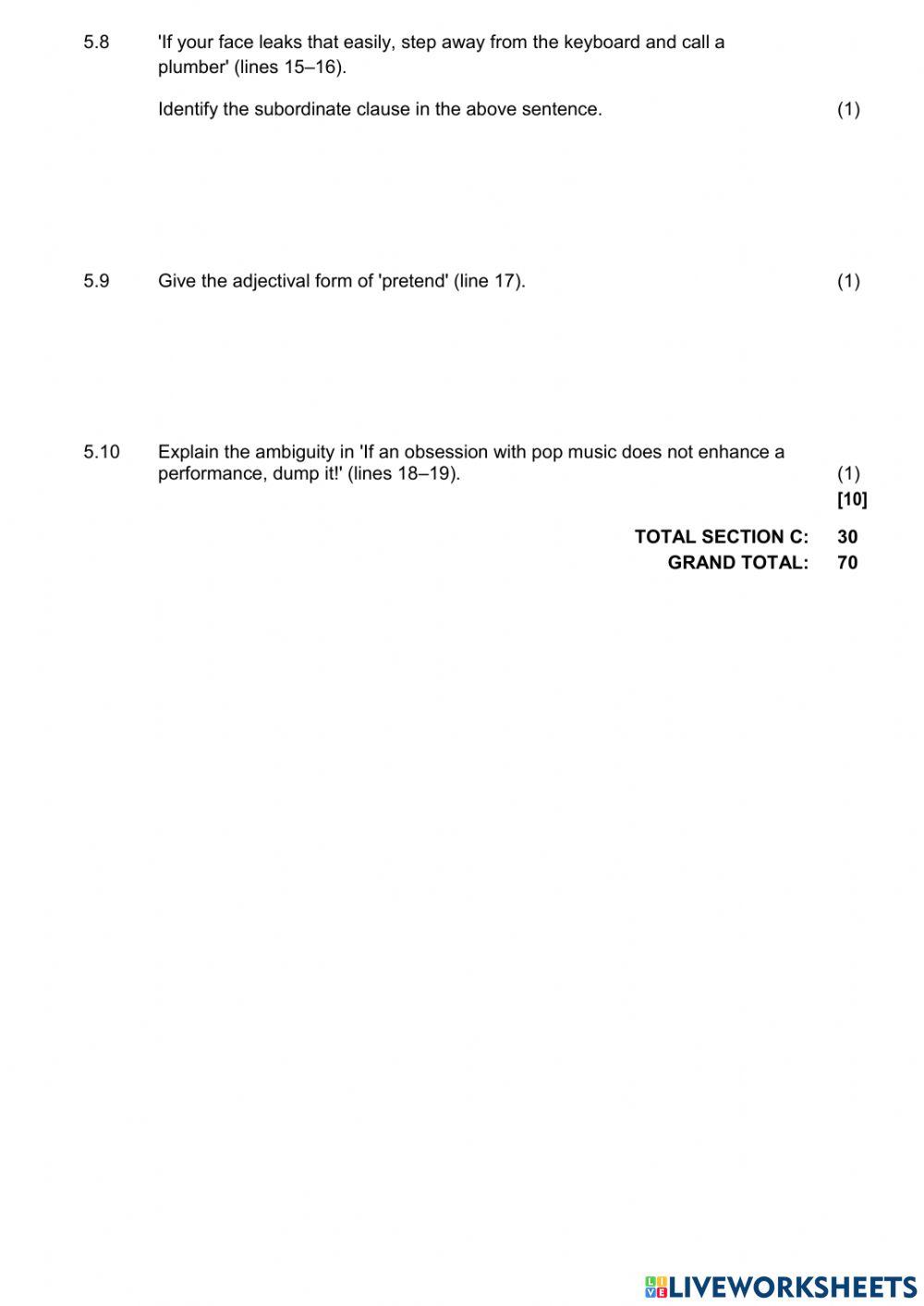 English paper 1 continue worksheet | Live Worksheets